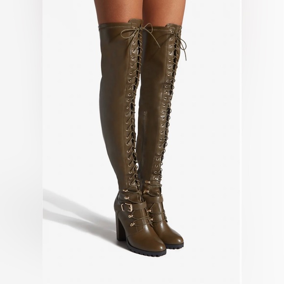 Shoe Dazzle | Shoes | Tall Lace Up Block Heel Combat Boot In Dark Olive ...